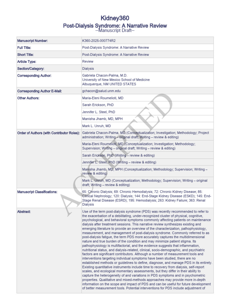 Post-Dialysis Syndrome Overview | PDF | Cognitive Behavioral Therapy ...