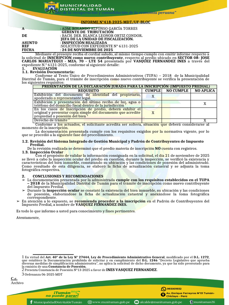 INFORME N° 418-2025-MDTUF-BLOC-INSCRIPCIÓN -VASQUEZ FERNANDEZ INES. | PDF