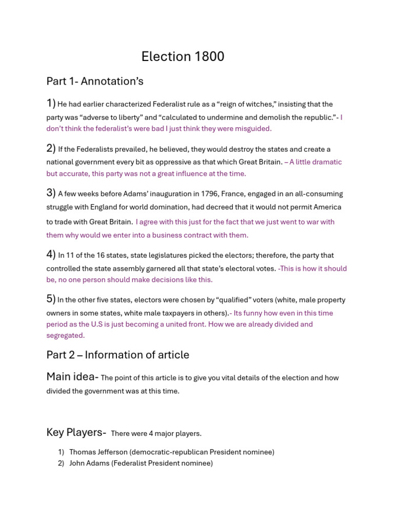 Election 1800: Key Players & Divisions | PDF
