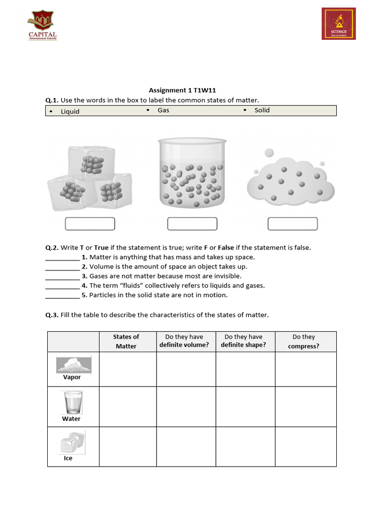 StatesofMatter HW Sheet 1 | PDF | Liquids | Gases