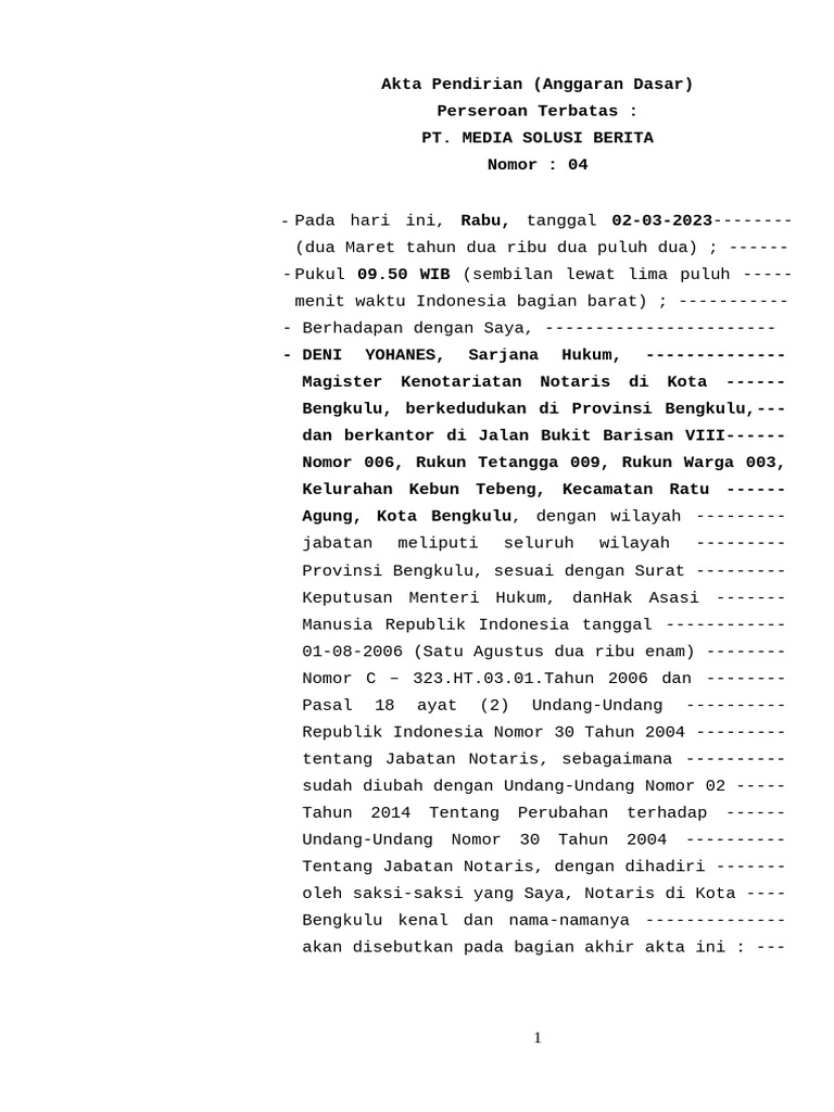 1.akta Pendirian Pt. Media Solusi Berita Media Online | PDF