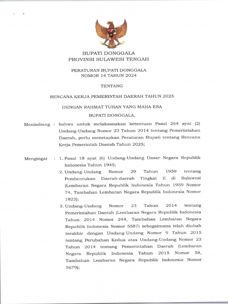 Perbup Donggala 14 2024 RKPD Tahun 2025 | PDF