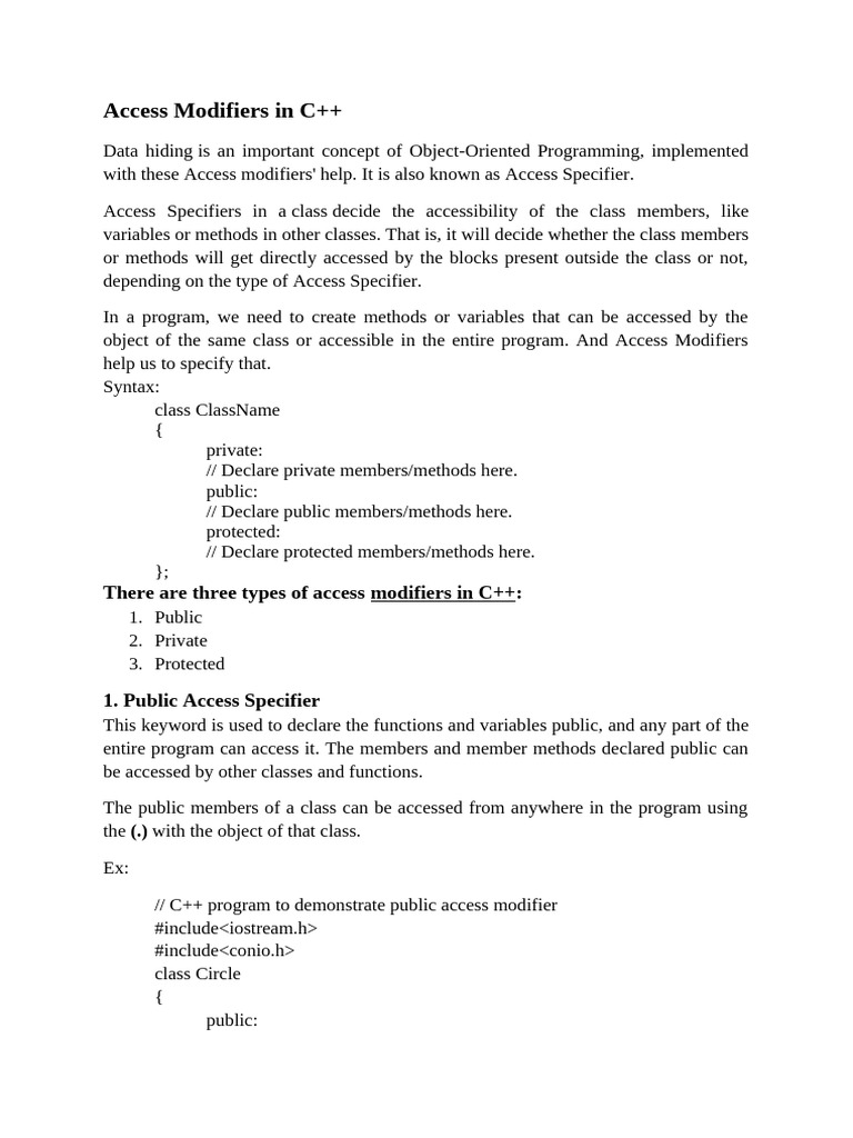 Access Specifiers in CPP | PDF | Class (Computer Programming ...