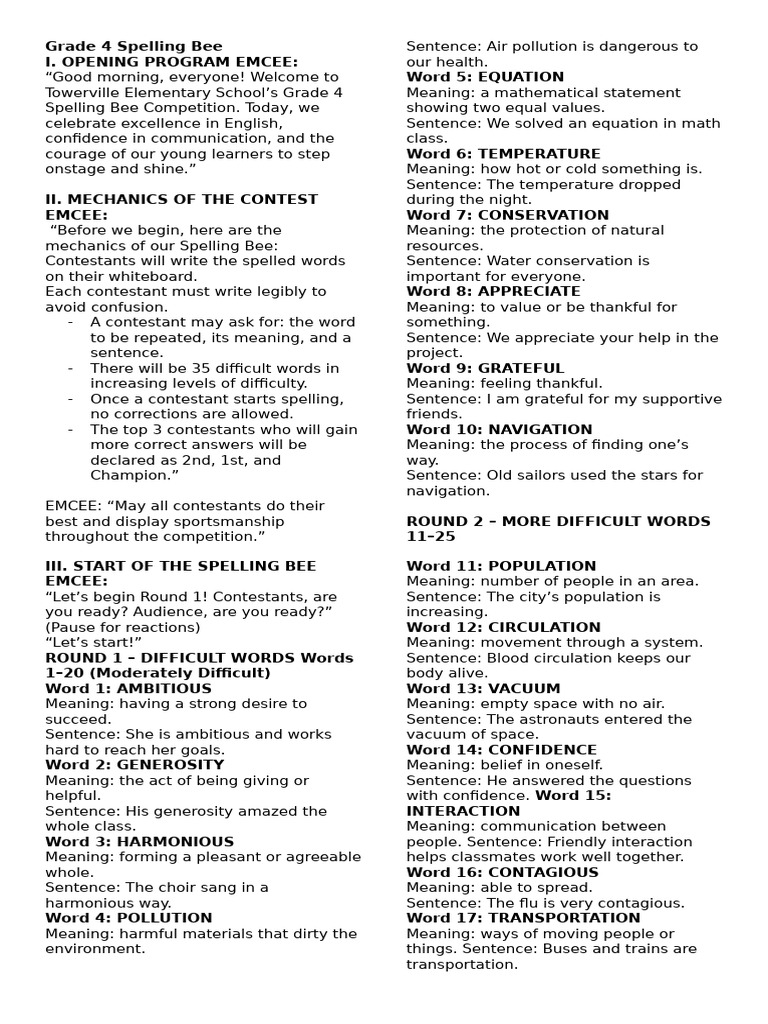 Grade 4 Spelling Bee 2025 | PDF | Hypothesis