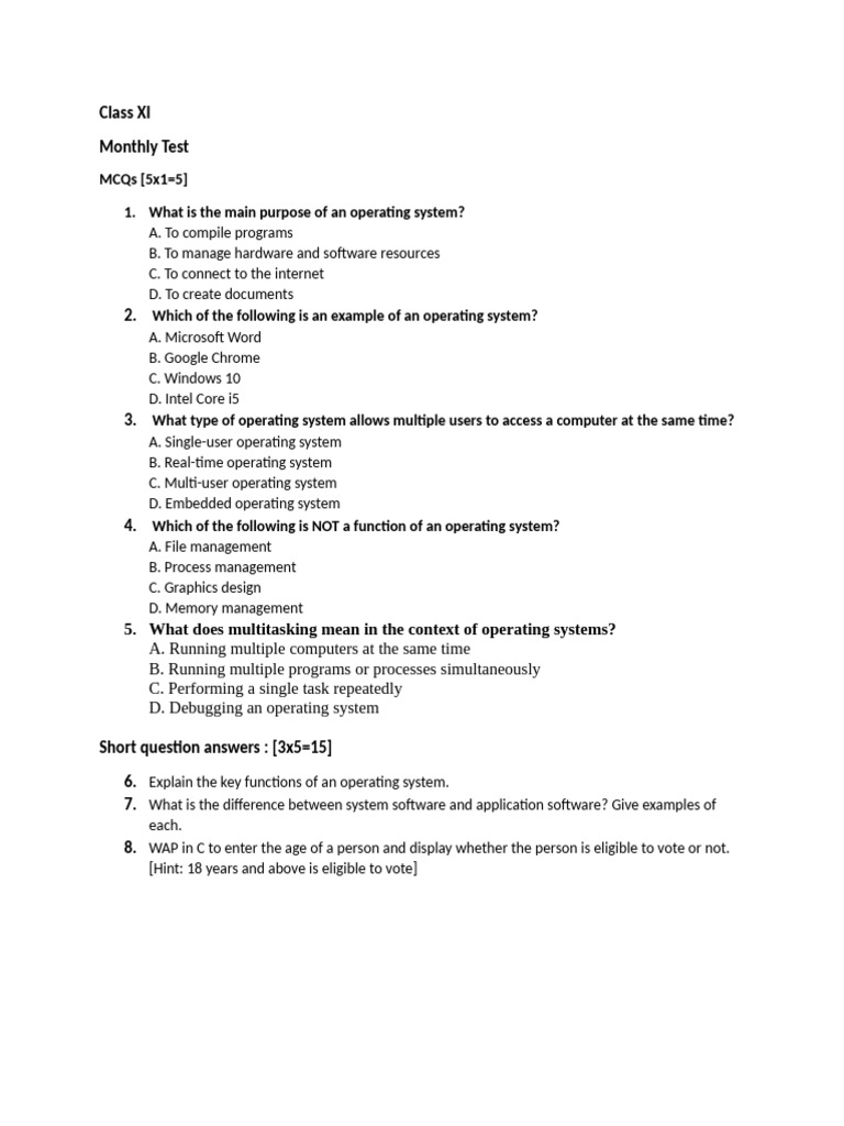 Class XI Operating System Test MCQs | PDF