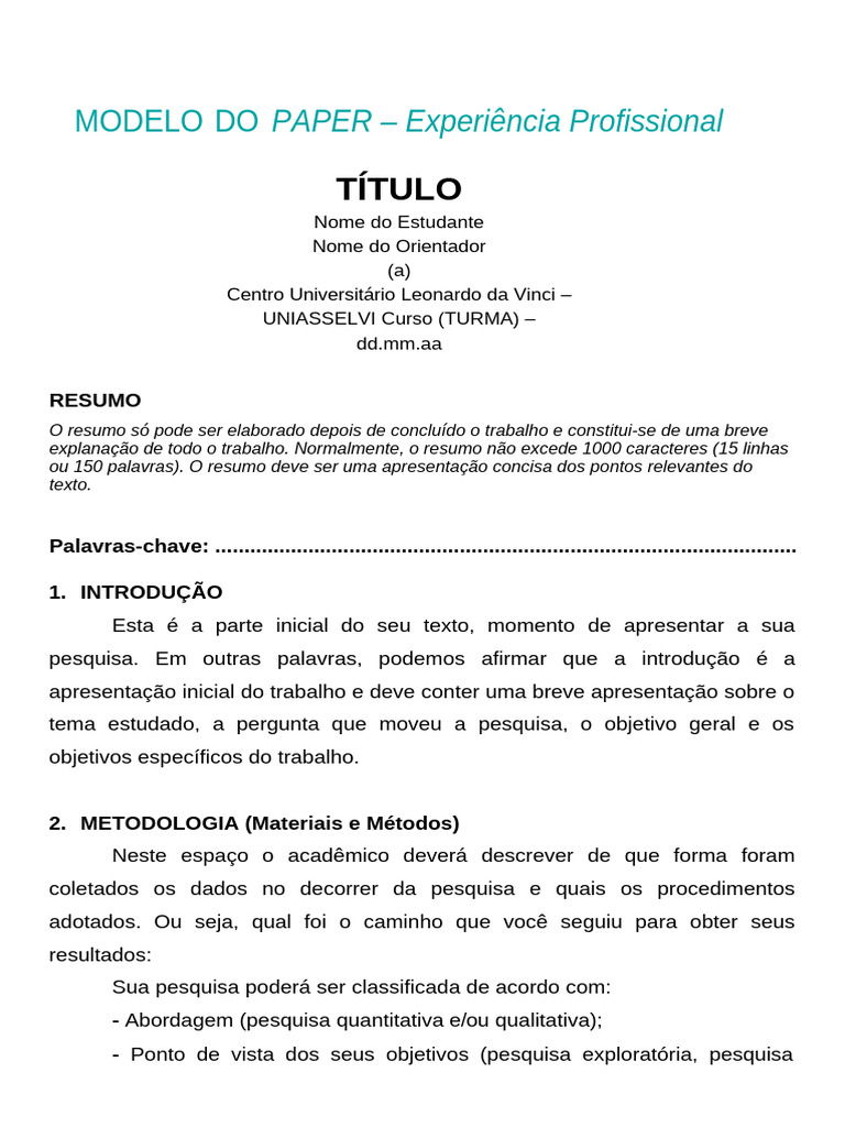 Modelo de Paper Do Experiência Profissional 1 | PDF | Abstract (resumo)