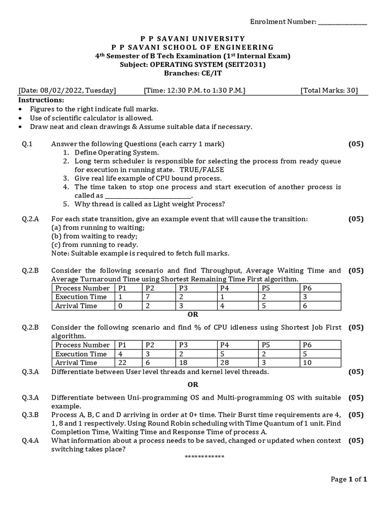 B Tech Operating System Exam Paper | PDF | Process (Computing ...