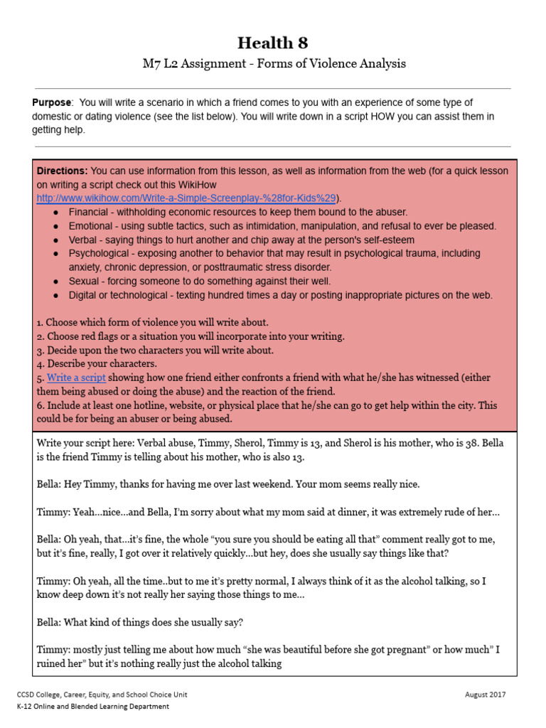Health 8 - M7 L2 Assignment - Forms of Violence Analysis | PDF ...