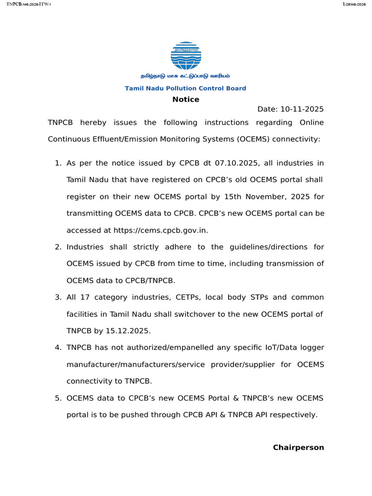 TNPCB Issued Instructions Regarding Online Continuous Effluent Emission ...