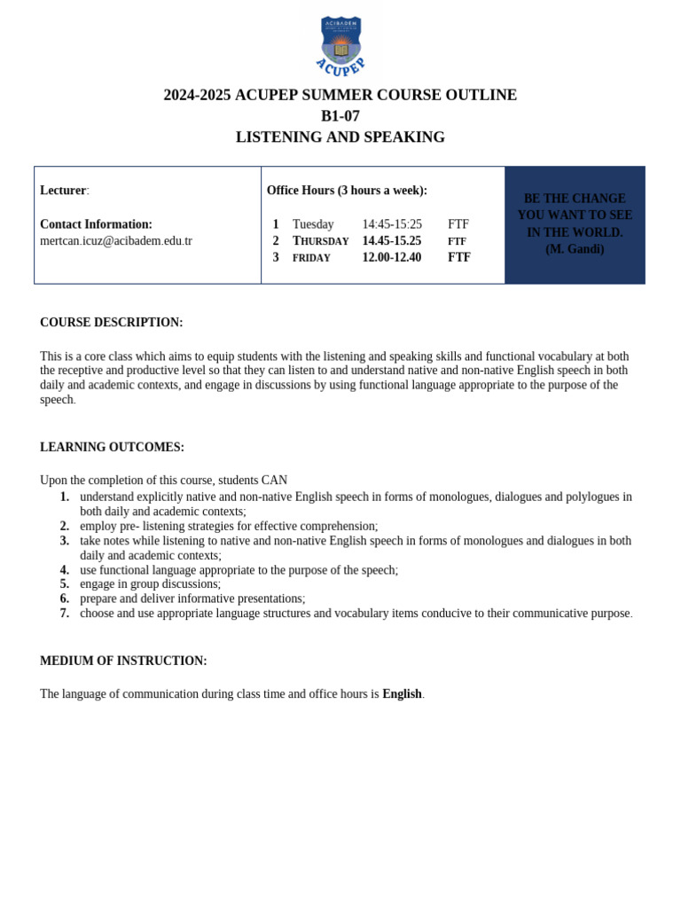 B1 Listening and Speaking - Course Outline 2 | PDF | Cognition | Human Communication
