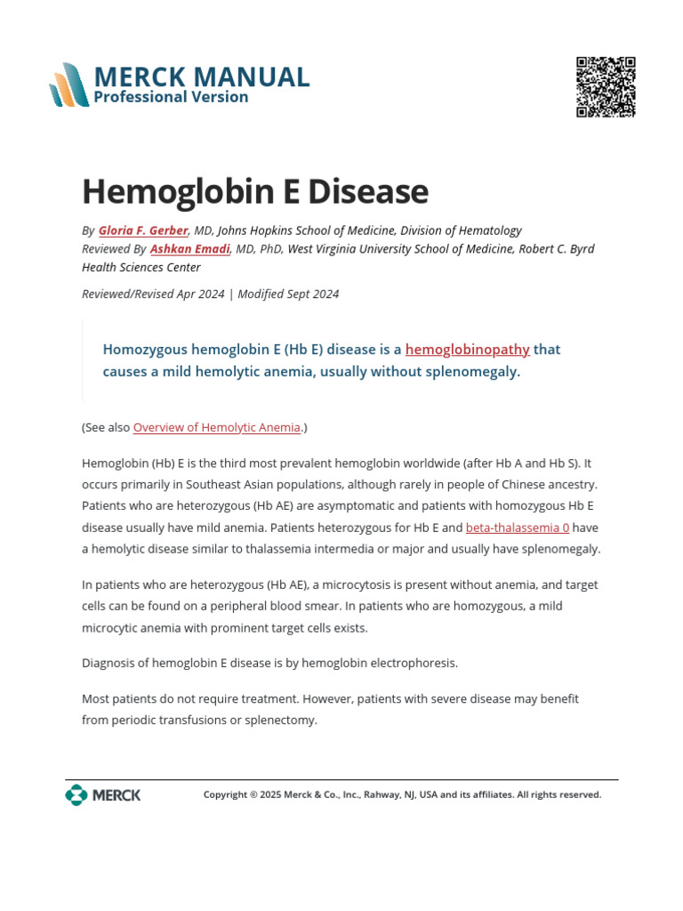 Hemoglobin E Disease - Hematology and Oncology - Merck Manual ...