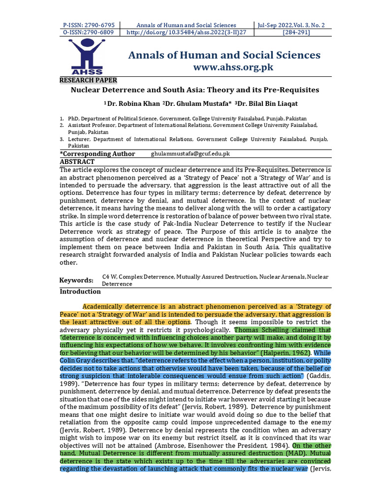 Annals of Human and Social Sciences: Nuclear Deterrence and South Asia ...