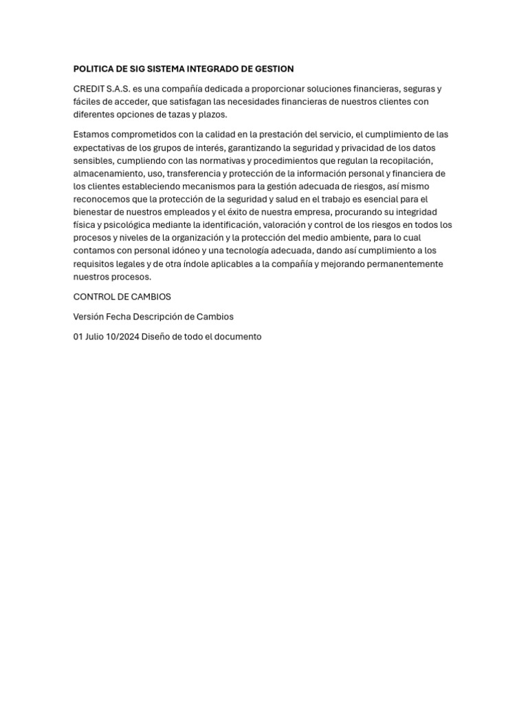 Formato Politica Sig Sistema Integrado de Gestion | PDF