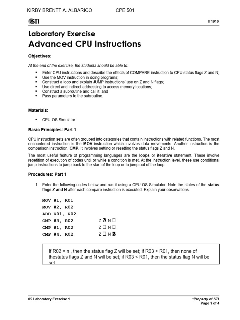 Advanced CPU Instructions Lab Exercise | PDF | Control Flow | Computer ...