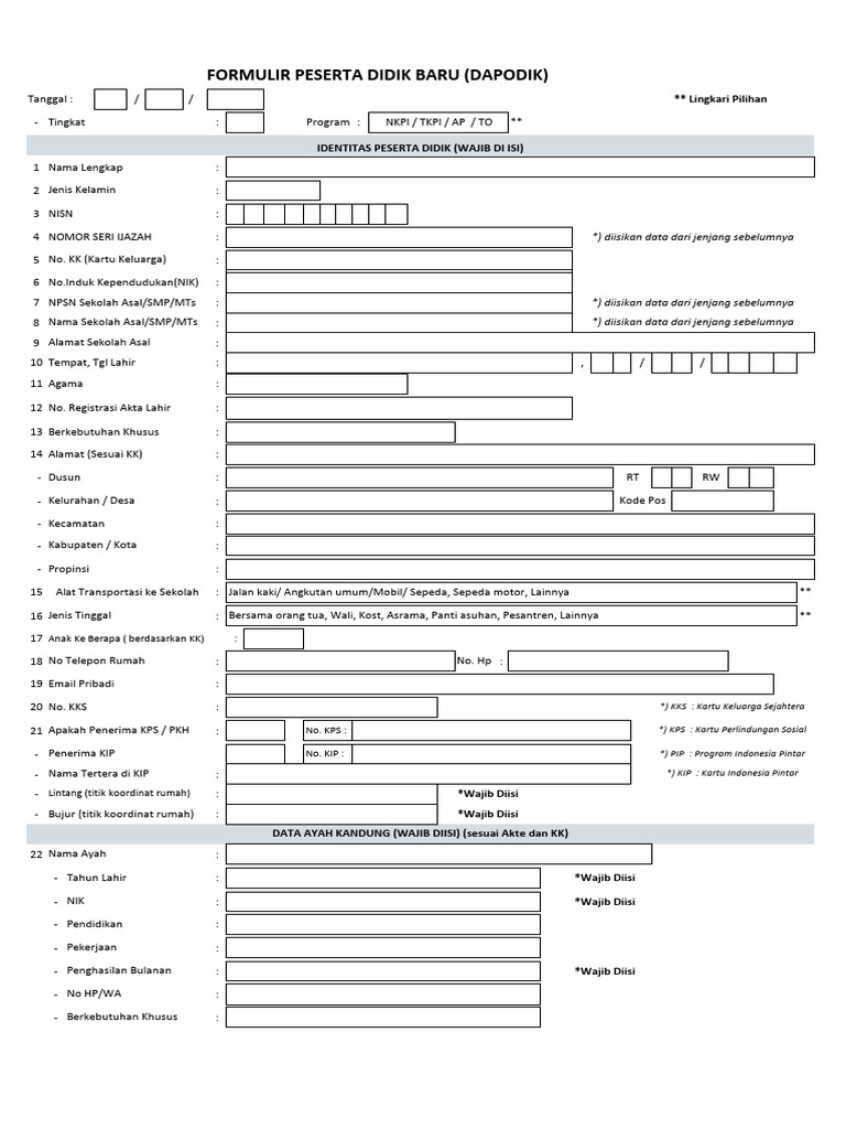 Formulir Pendaftaran Siswa Baru | PDF