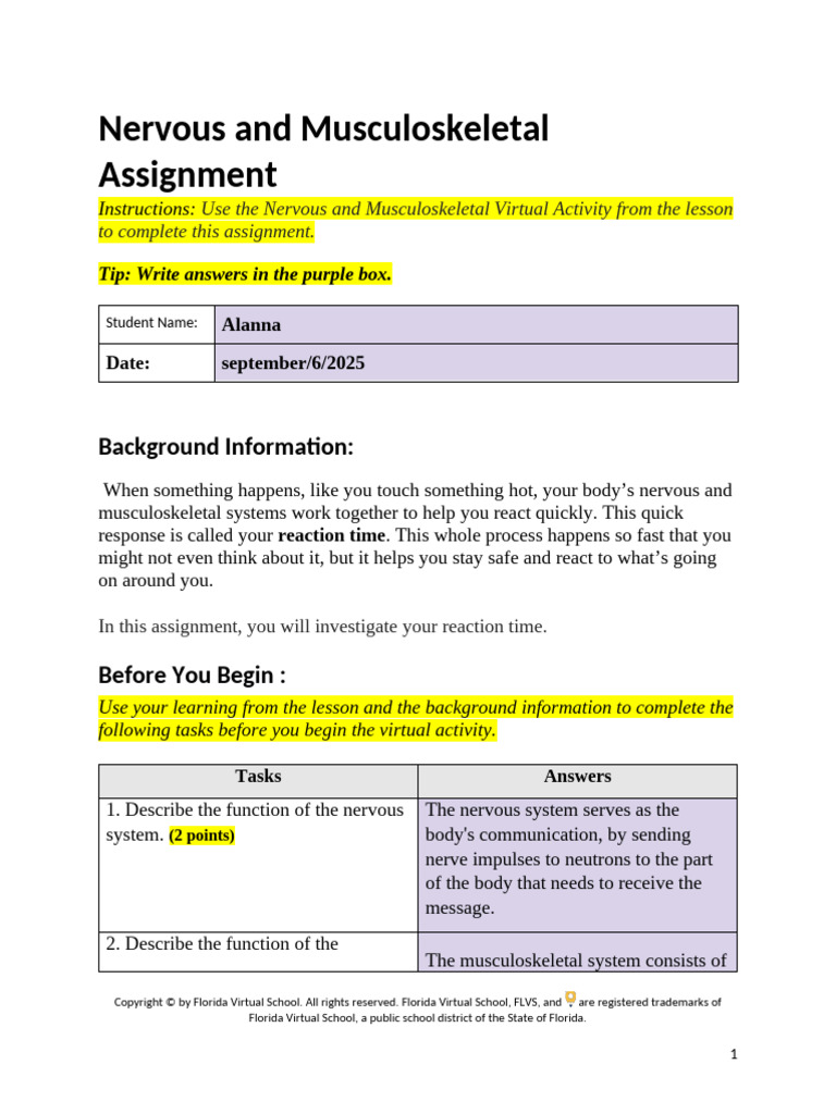6.01 Nervous and Musculoskeletal Assignment | PDF | Human ...