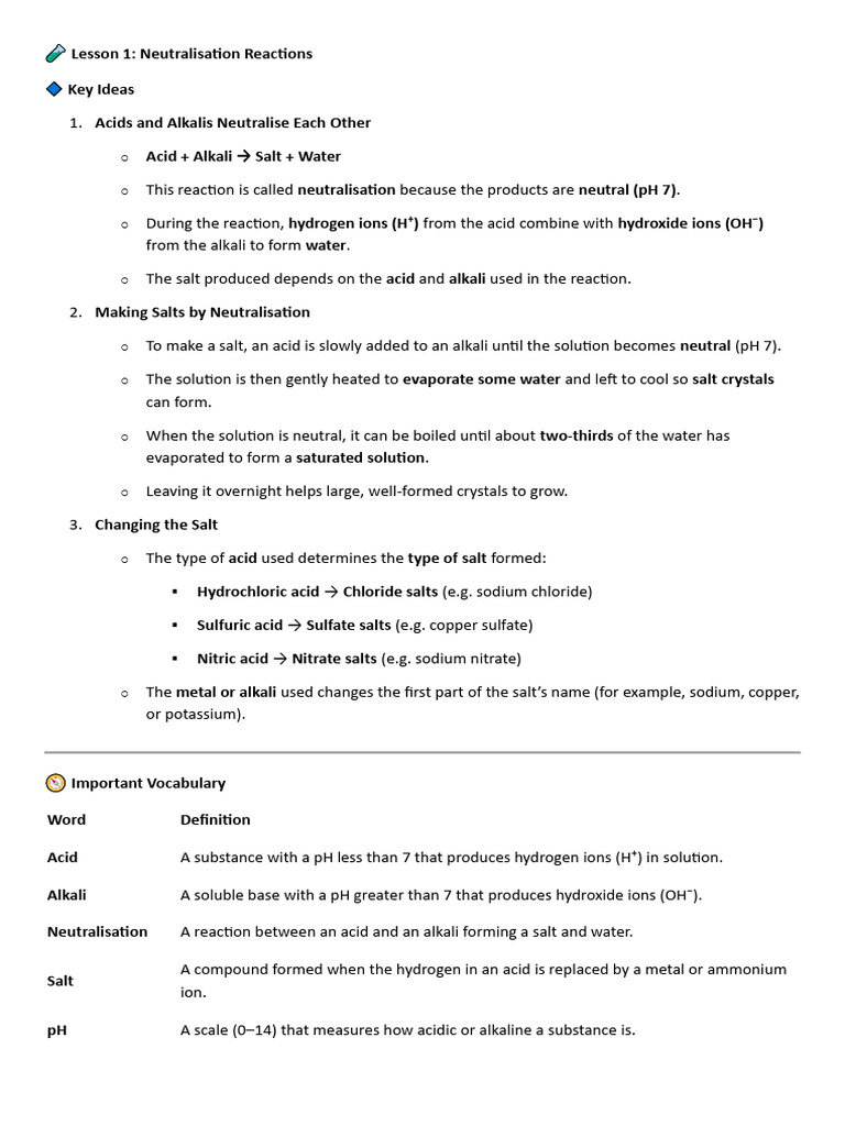 Neutralisation and Metal Reactions Guide | PDF | Salt (Chemistry ...