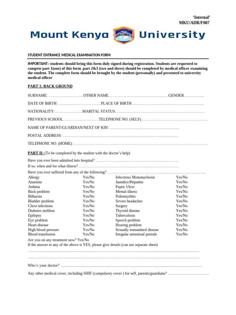 Student Medical Examination Form | PDF | Medical Specialties | Medicine