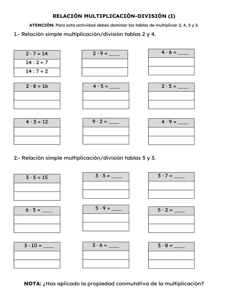 Relación Multiplicación-División Tablas 2, 4, 5 y 3 | PDF