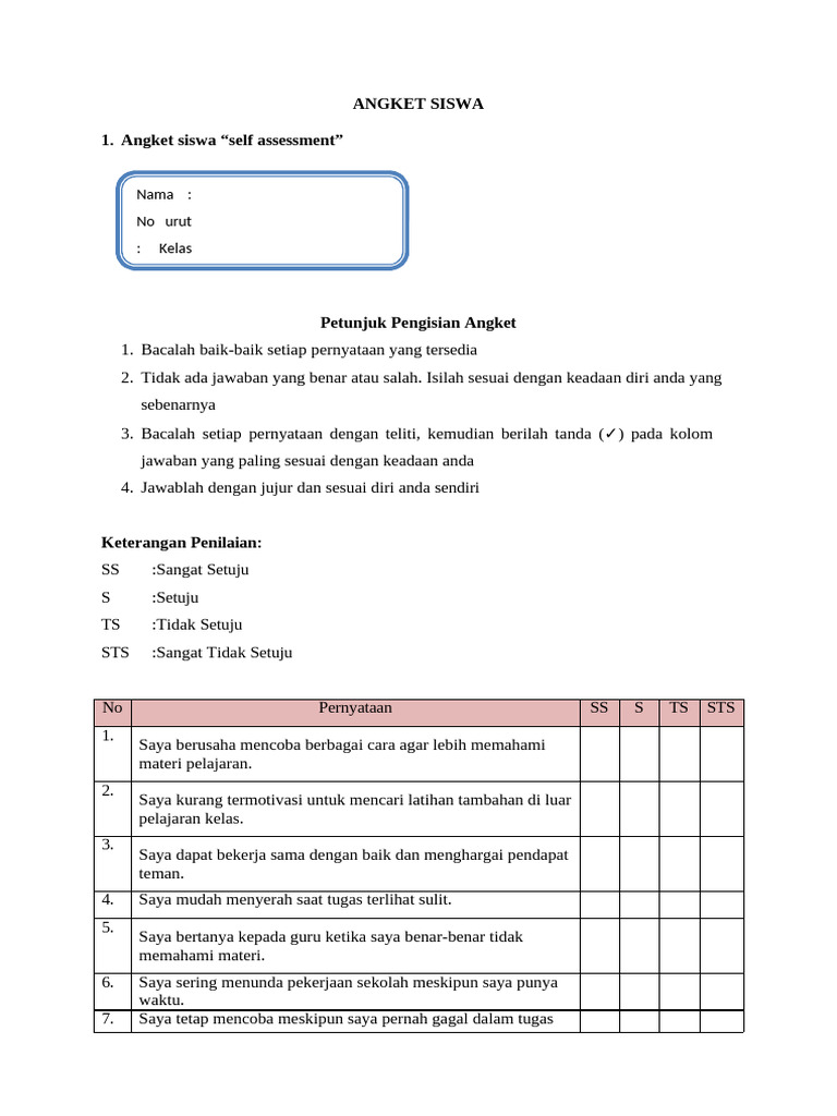 Angket Self dan Peer Assessment Siswa | PDF