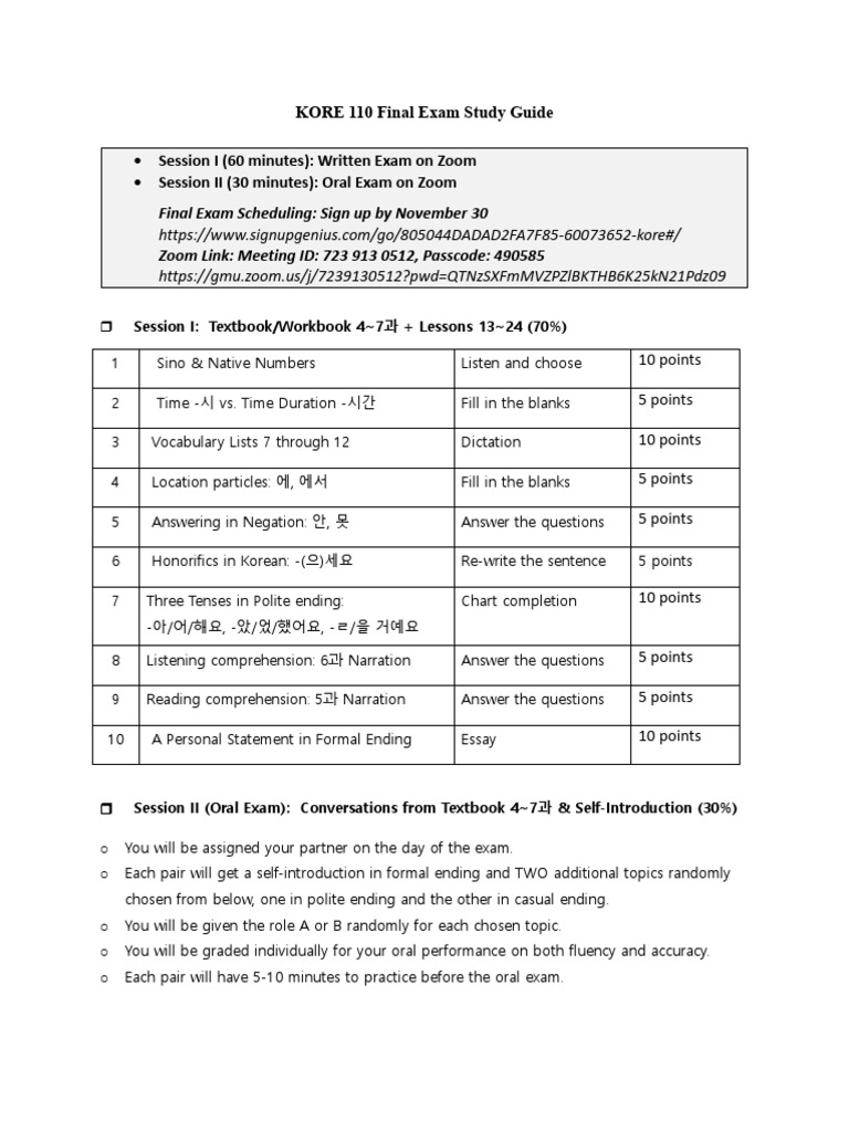 KORE 110 Final Exam Study Guide | PDF