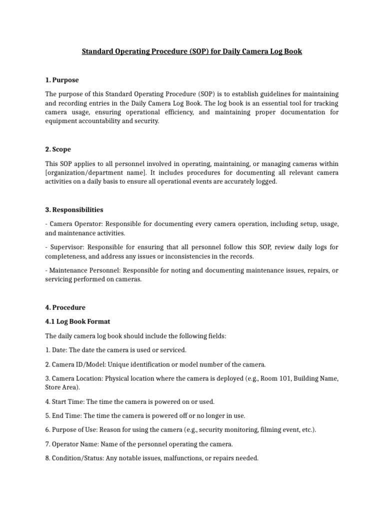 01. SOP for Daily Camera Log Book | PDF | Regulatory Compliance