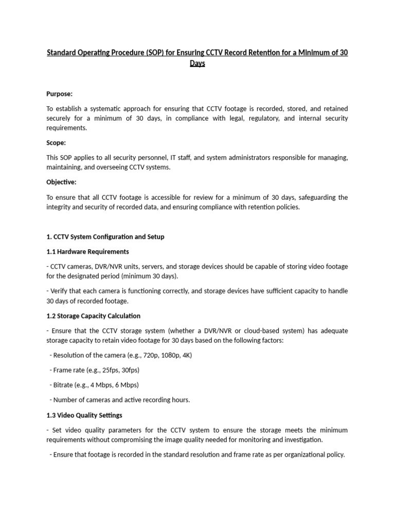 SOP For Ensure CCTV Record (Min-30 Days) | PDF | Closed Circuit ...