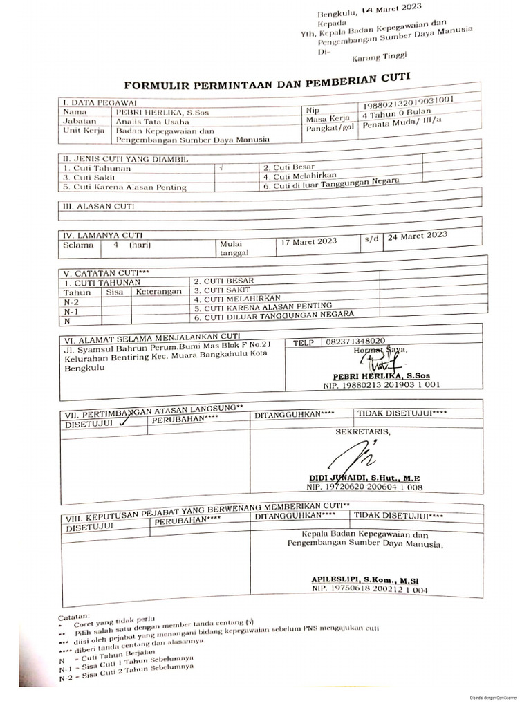 Form Cuti 17 03 | PDF