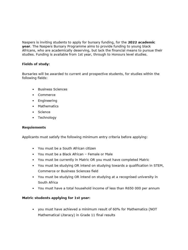 Naspers Bursary Programme 2022 2023 | PDF | Educational Stages