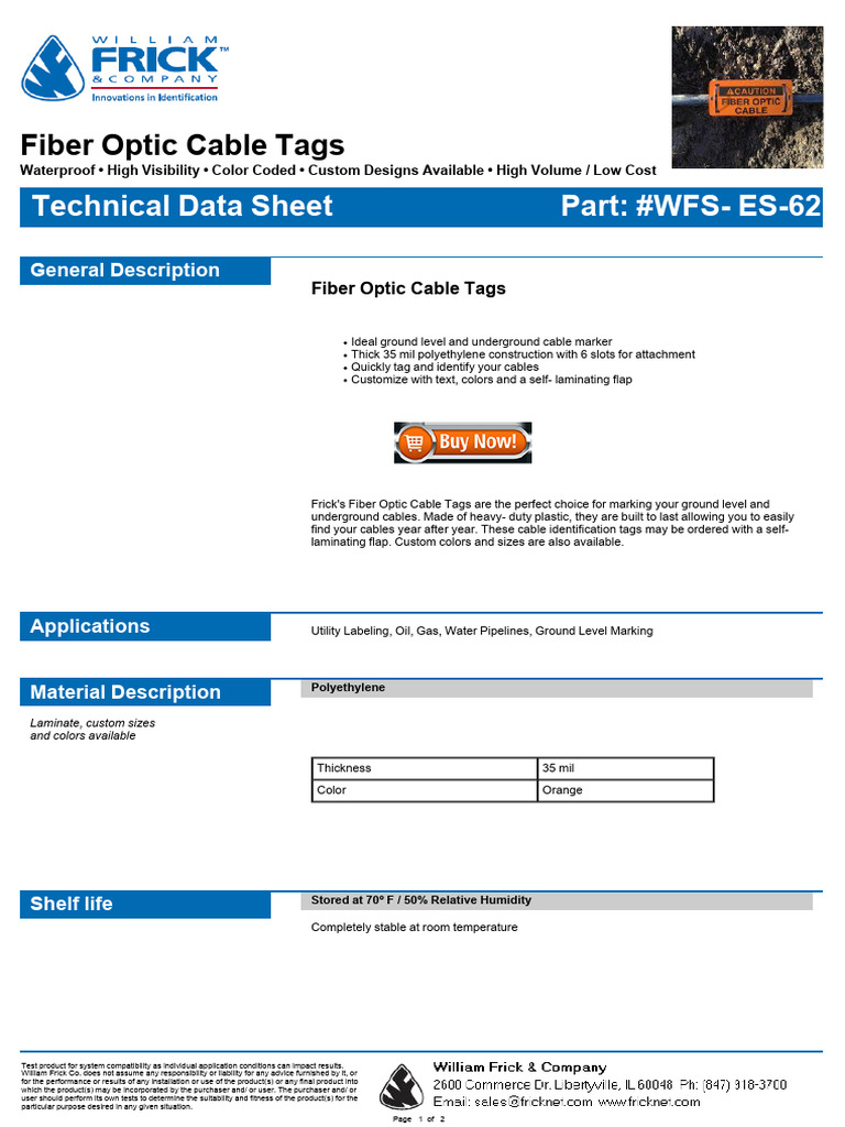 WFS-ES-62 Fiber Optic Cable Tags | PDF | Lamination | Optical Fiber