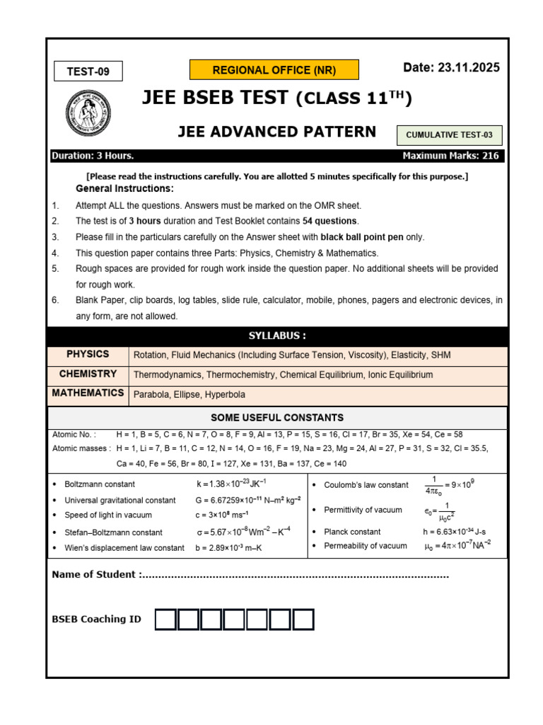 JEE BSEB Class 11 Test Paper 2025 | PDF | Ellipse | Circle