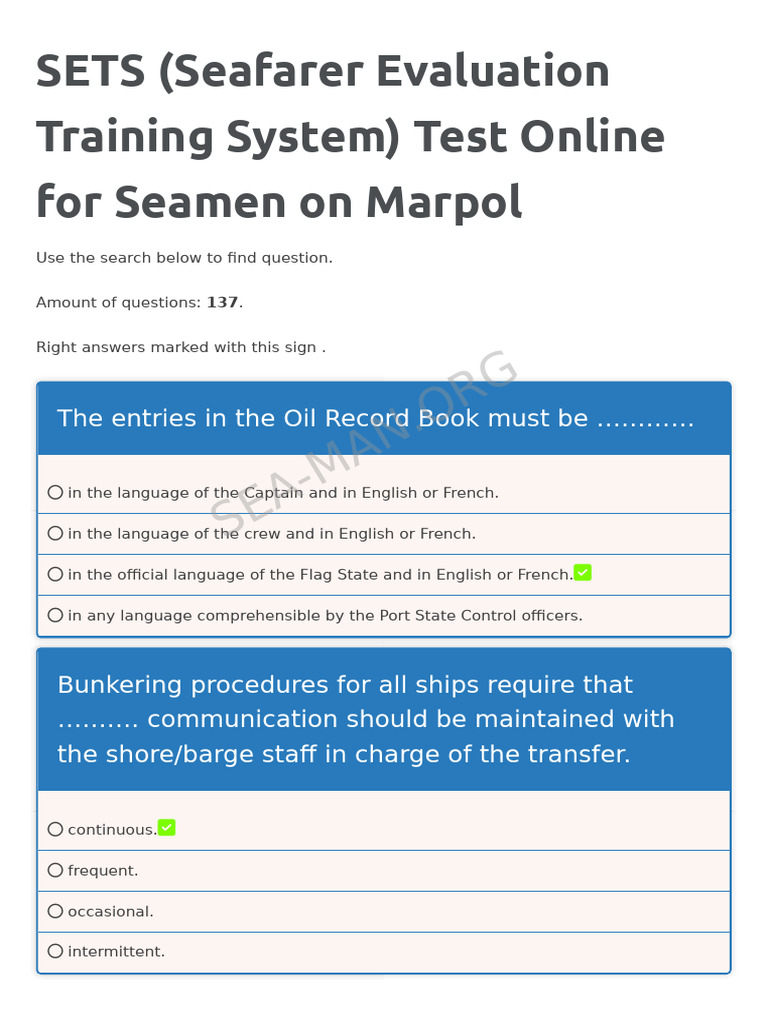 Online test SETS Questions and Answers for Marpol | PDF | Oil Tanker ...
