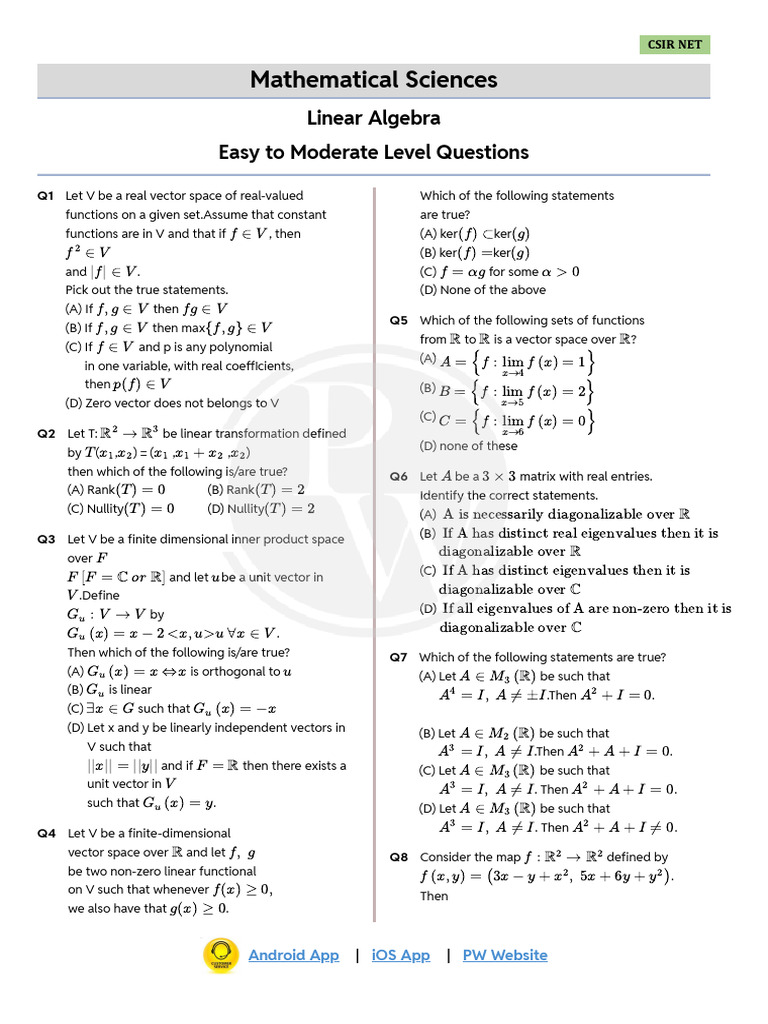 Linear Algebra Practice Sheet 1 Solutions | PDF | Vector Space | Eigenvalues And Eigenvectors