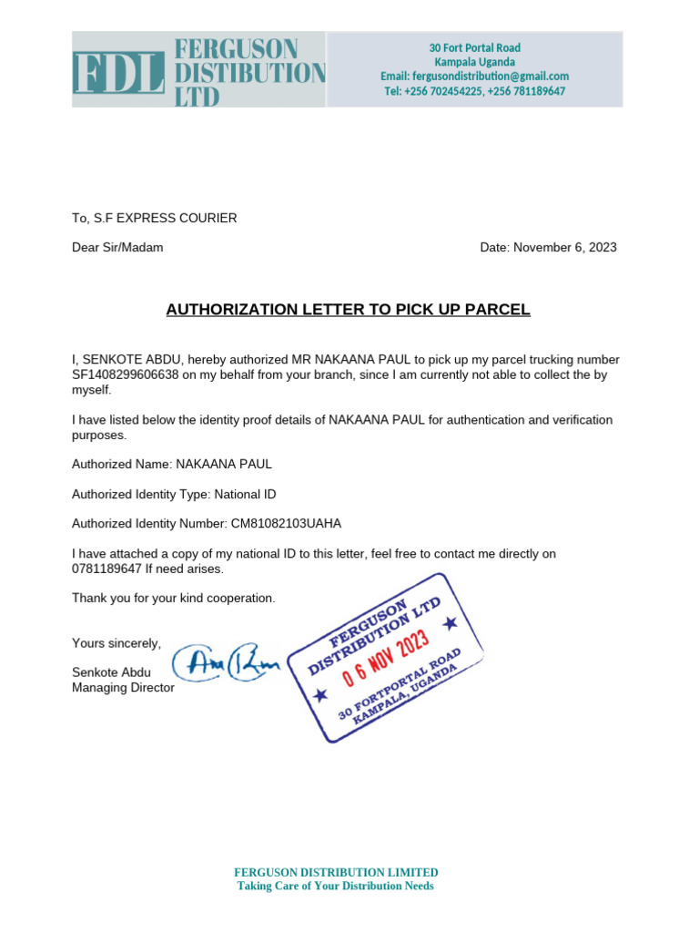 Authorization Letter for Parcel Pickup | PDF