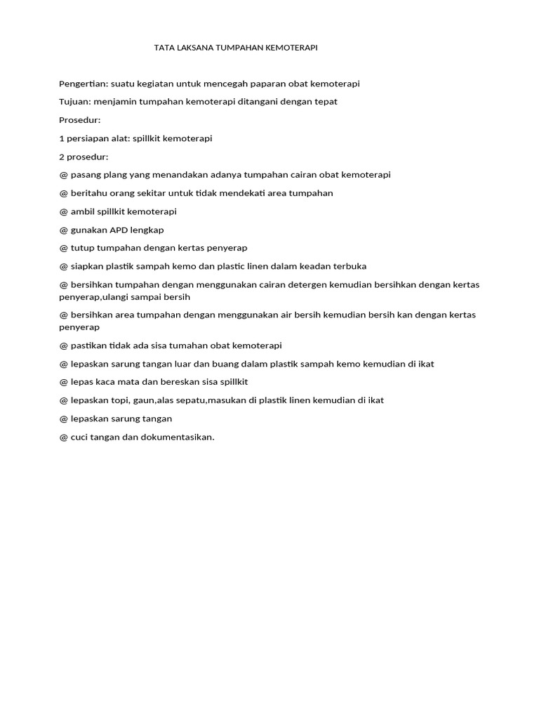 Prosedur Penanganan Tumpahan Kemoterapi | PDF