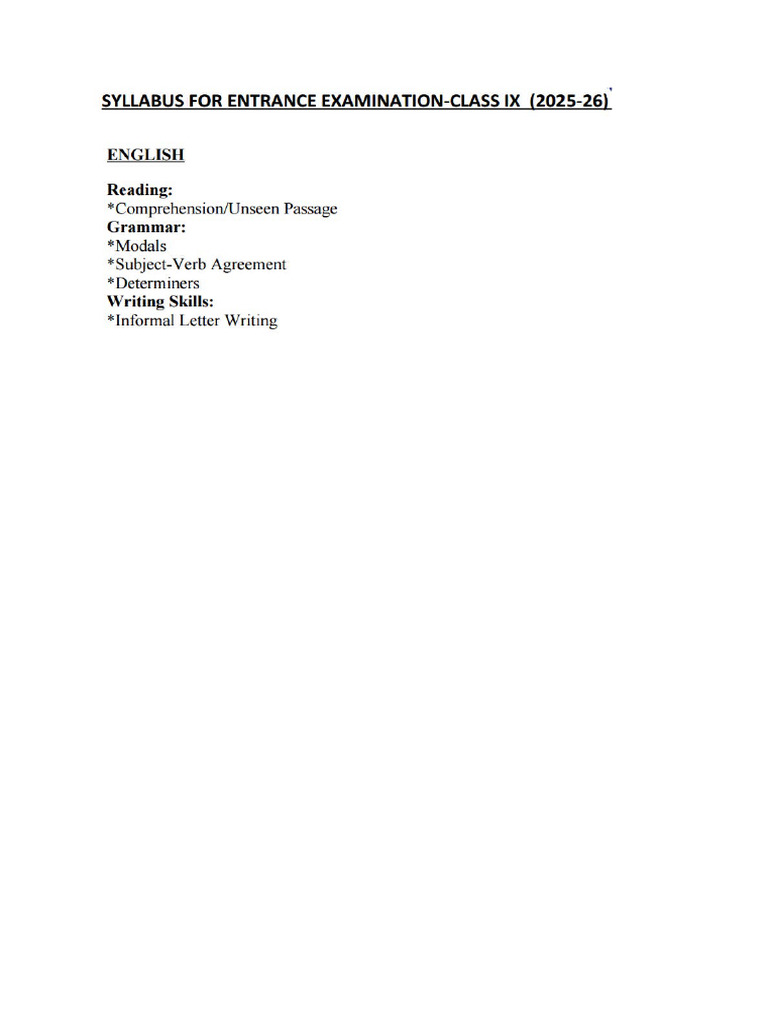 Syllabus For Class IX Entrance Exam | PDF
