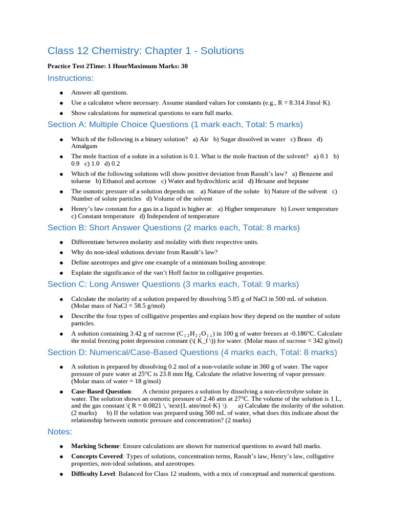 Class 12 Chemistry Solutions Test | PDF | Continuum Mechanics ...
