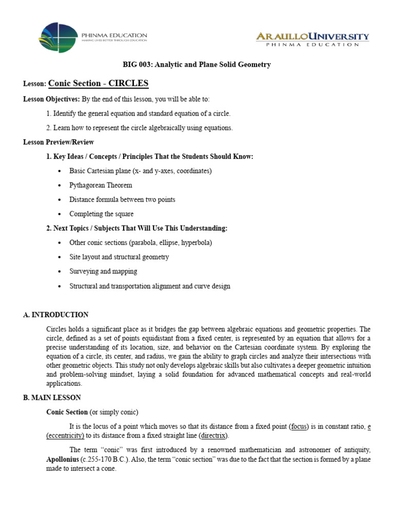 Module 8 - Conic Sections Circle | PDF | Circle | Euclidean Plane Geometry