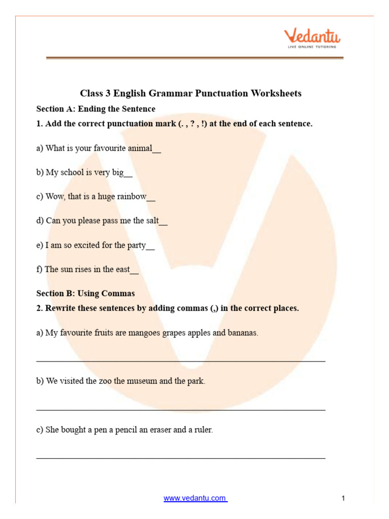 Class 3 English Grammar Punctuation Worksheet PDF - Free Practice | PDF ...