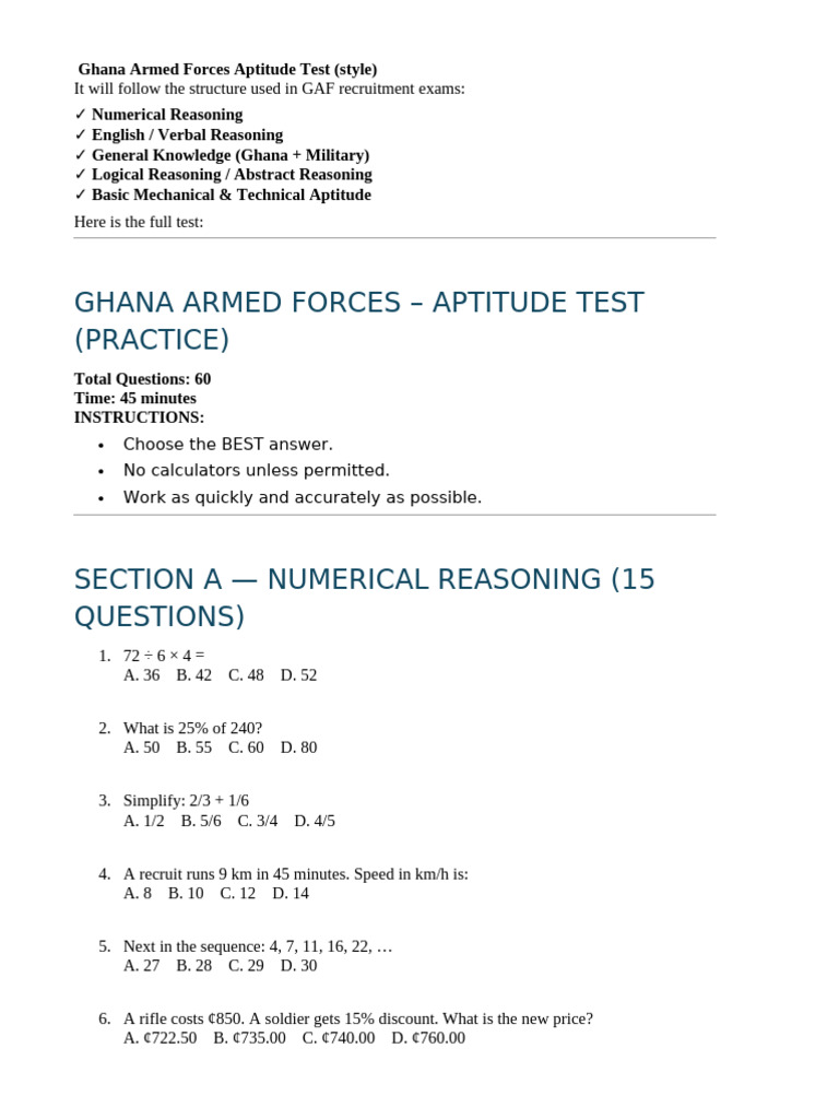GAF Aptitude Test 2 | PDF | Ghana | Military