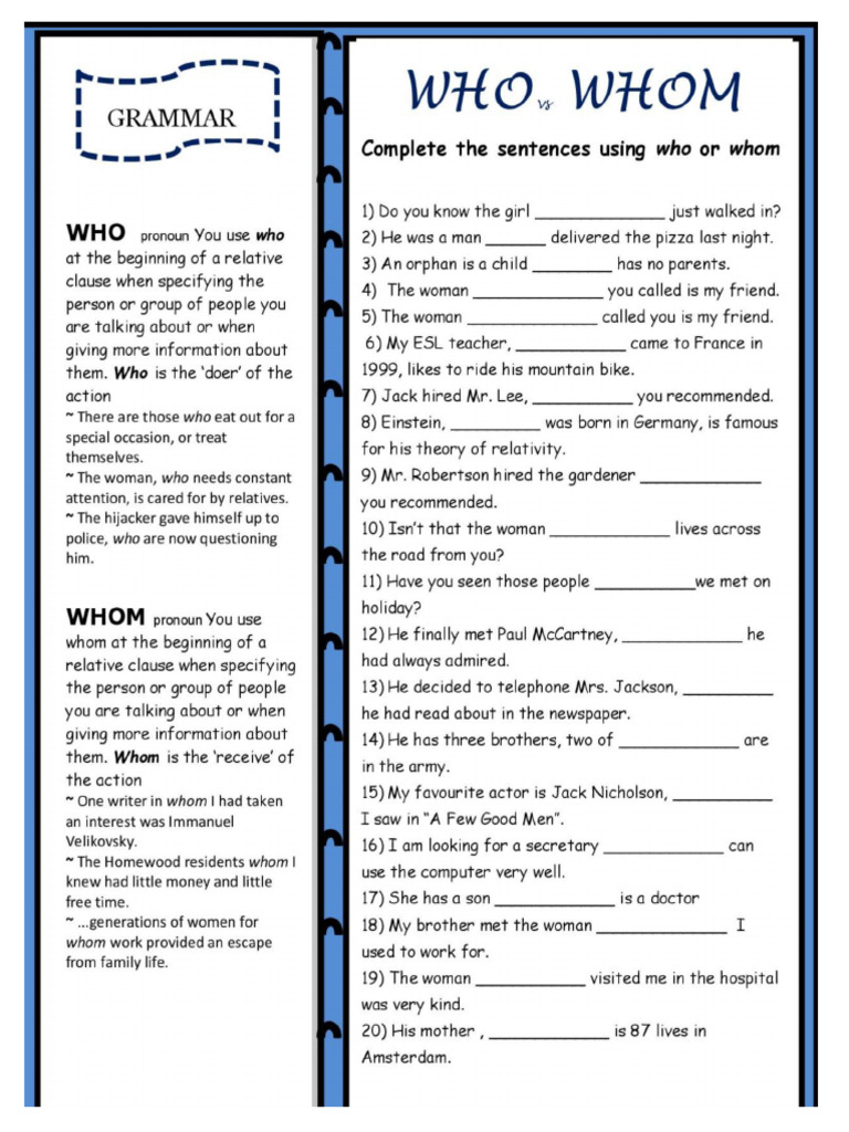 Who Vs Whom Worksheet | PDF