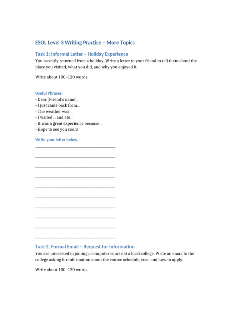 ESOL Level 3 More Writing Tasks | PDF