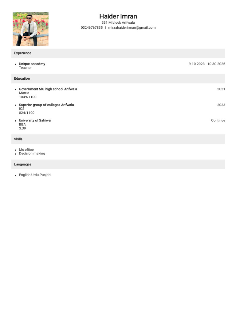 Haider Imran's Resume and Skills | PDF