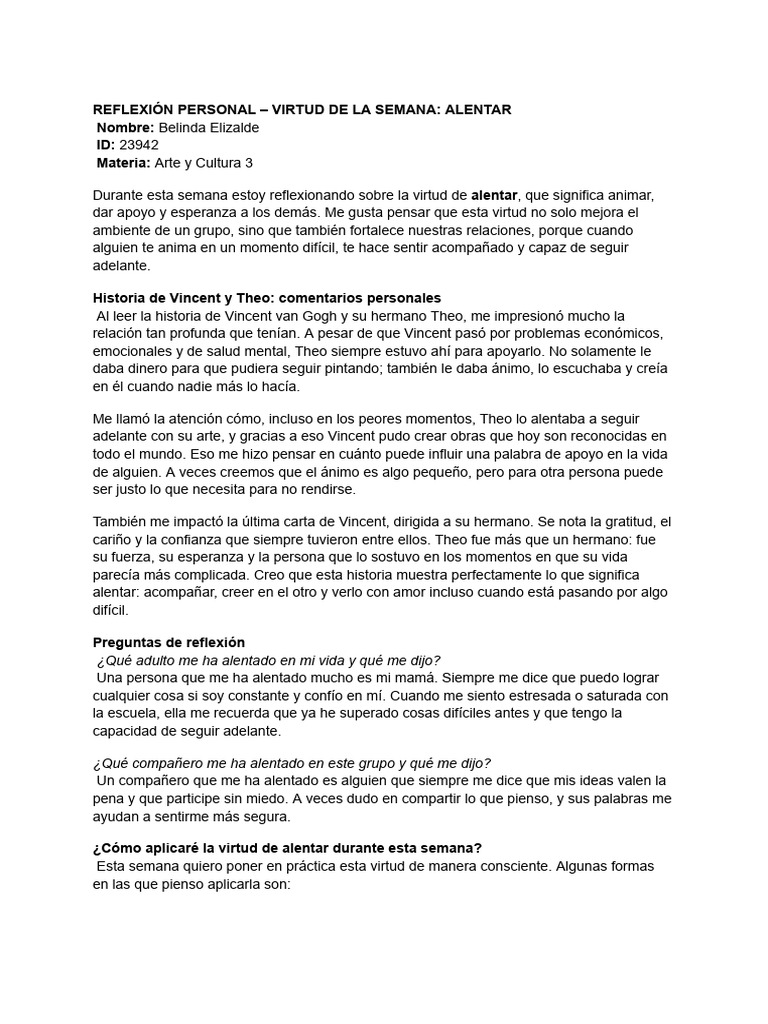 Reflexión Personal - Virtud de La Semana - Alentar | PDF