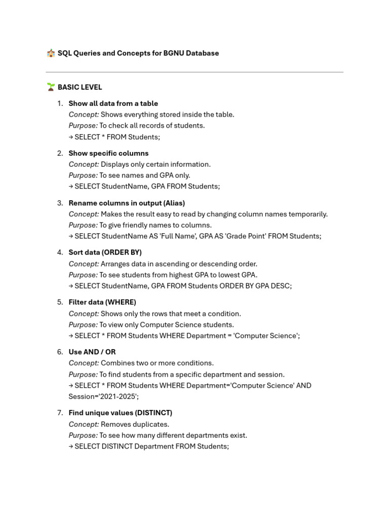 ? SQL Queries and Concepts For BGNU Database | PDF | Backup | Databases