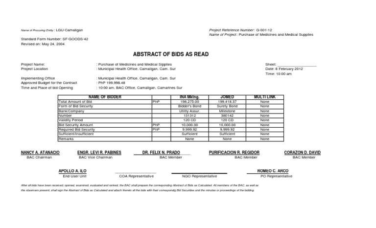 Abstract of Bids As Read (Purchase of Medicine II) | PDF