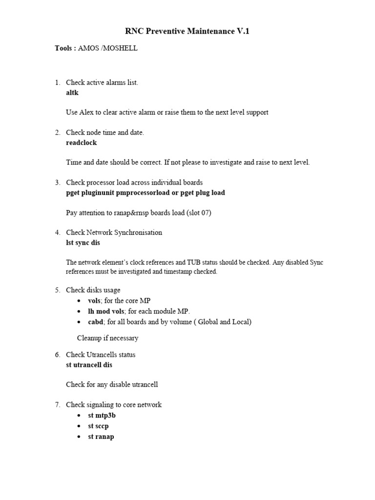 RNC Preventive Maintenance Checklist | PDF