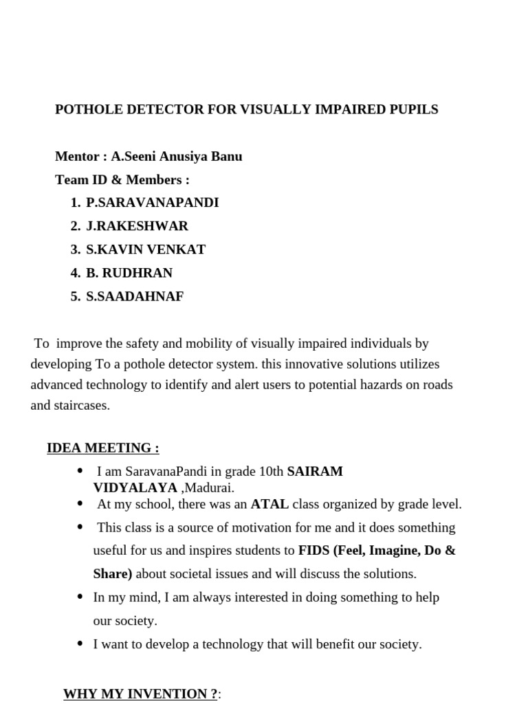 Pothole Detector For Visually Impaired Pupils | PDF | Visual Impairment