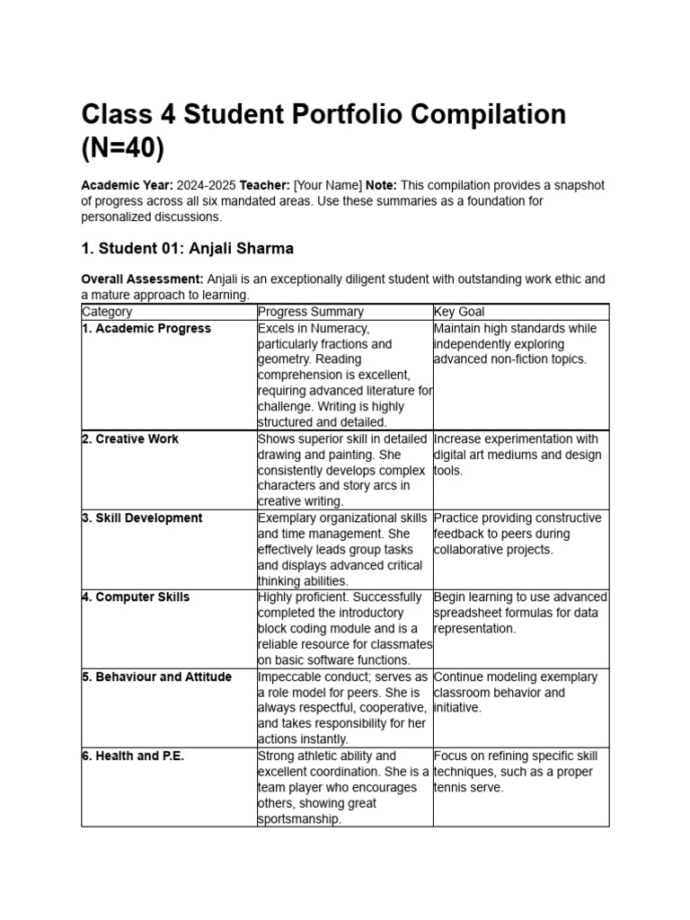Class 4 Student Portfolio | PDF | Reading Comprehension | Mathematics