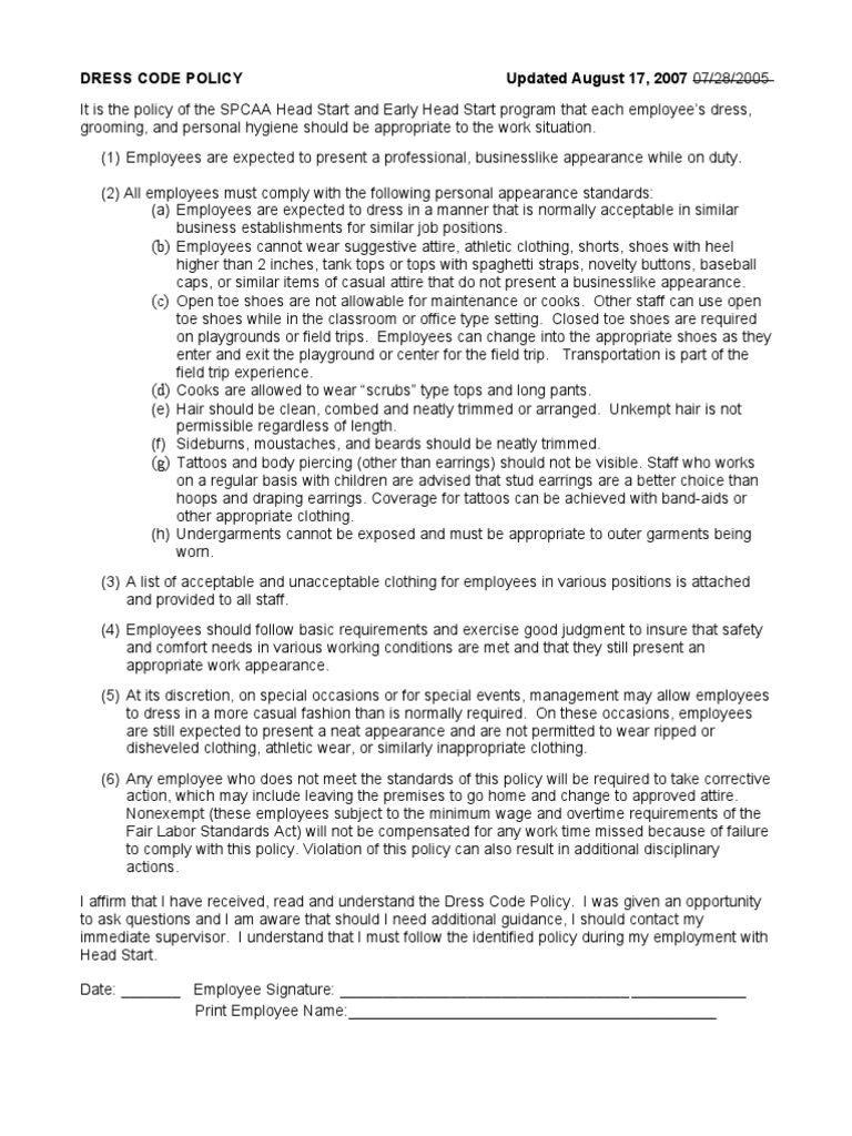 Head Start Dress Code Policy 7-29-05 | PDF | Clothing | Shoe